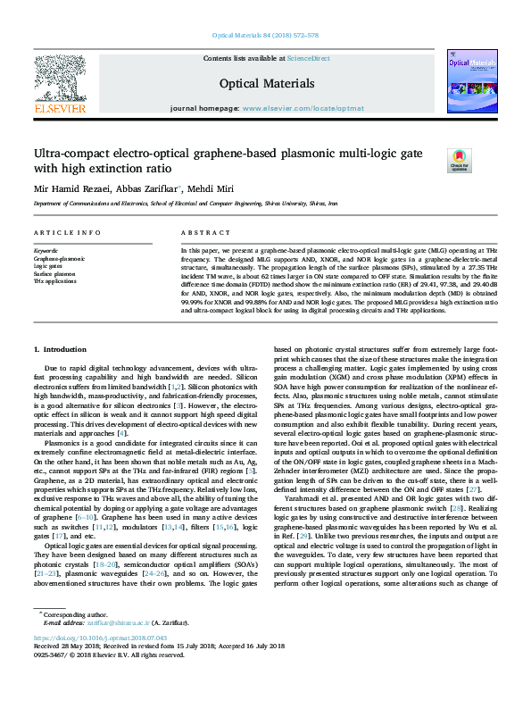(PDF) Ultra-compact electro-optical graphene-based plasmonic multi-logic gate with high ...
