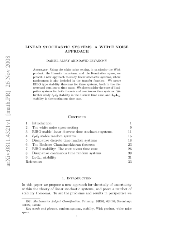 Pdf Linear Stochastic Systems A White Noise Approach