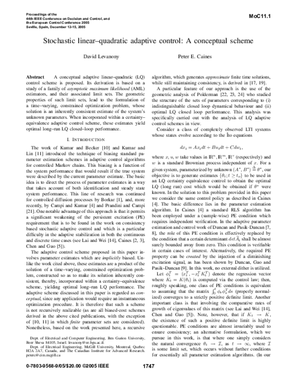 Pdf Stochastic Linear Quadratic Adaptive Control A Conceptual Scheme