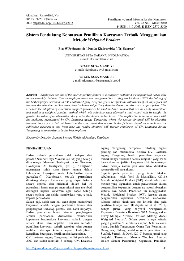 (PDF) Sistem Pendukung Keputusan Pemilihan Karyawan Terbaik Menggunakan Metode Weighted Product