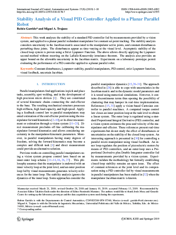 (PDF) Stability Analysis of a Visual PID Controller Applied to a Planar Parallel Robot