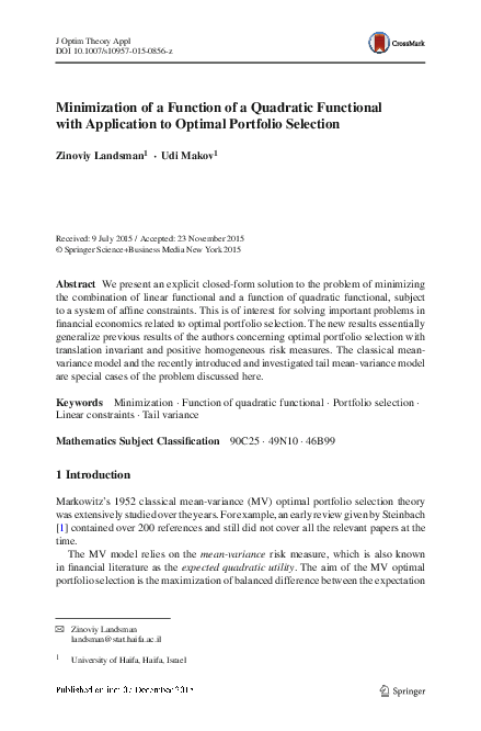 (PDF) Minimization of a Function of a Quadratic Functional with ... (PDF) Minimization of a Function of a Quadratic Functional with ...
