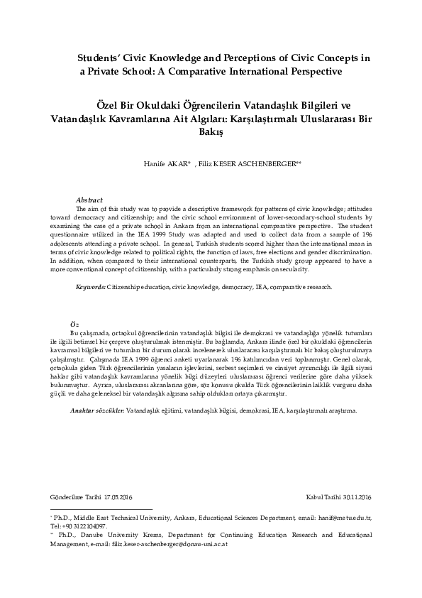 (PDF) Students’ civic knowledge and perceptions of civic concepts in a private school: a ...