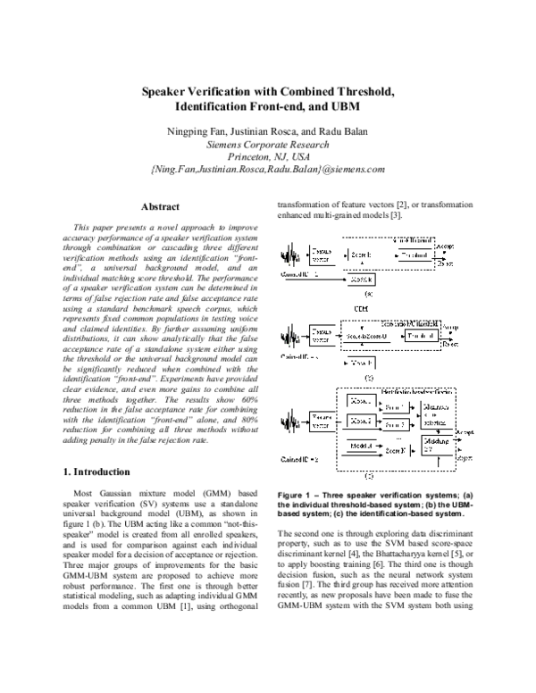 (PDF) Speaker Verification with Combined Threshold, Identification Front-End, and UBM