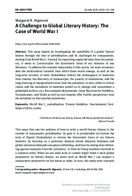 (PDF) A Challenge to Global Literary History: The Case of World War I