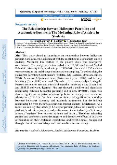 (PDF) The Relationship between Helicopter Parenting and Academic Adjustment: The Mediating Role ...