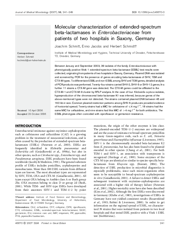 Pdf Characterization Of Esbl Enterobacteriaceae In Hospitals