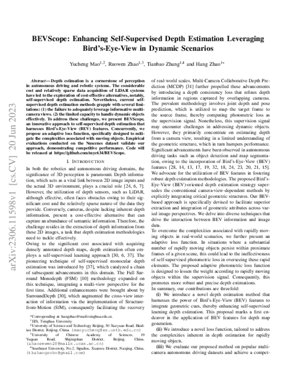 (PDF) BEVScope: Enhancing Self-Supervised Depth Estimation Leveraging Bird's-Eye-View in Dynamic ...
