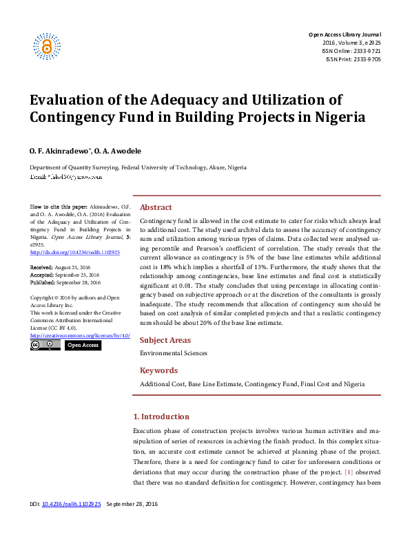(PDF) Evaluation of the Adequacy and Utilization of Contingency Fund in ...
