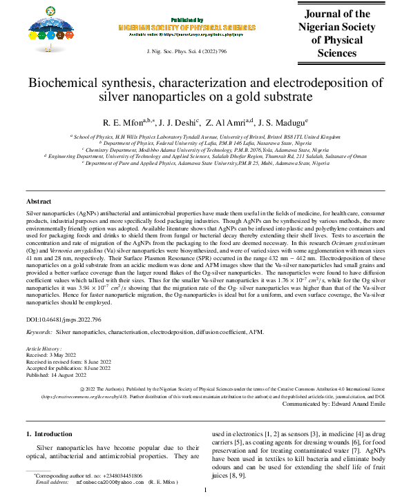 (PDF) Biochemical synthesis, characterization and electrodeposition of silver nanoparticles on a ...