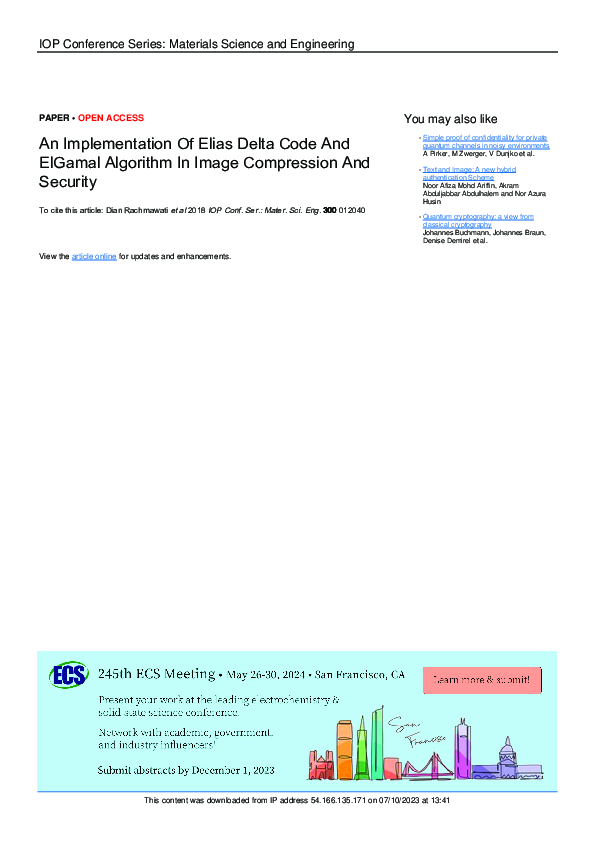 (PDF) An Implementation Of Elias Delta Code And ElGamal Algorithm In Image Compression And Security