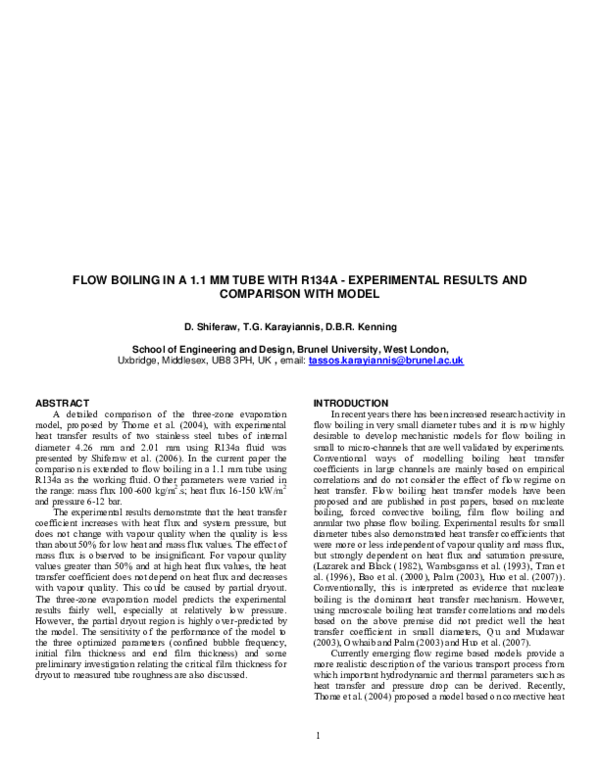 (PDF) Flow boiling in a 1.1 mm tube with R134a: Experimental results and comparison with model