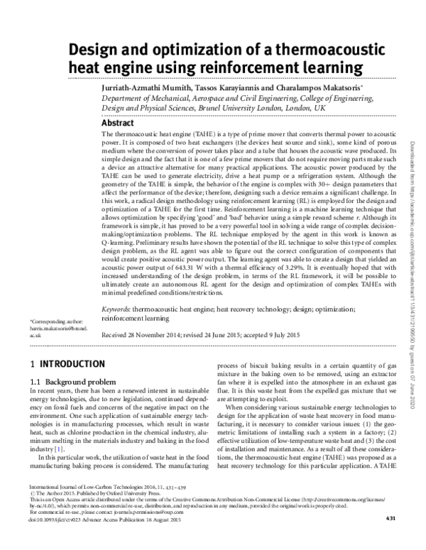 (PDF) Design and optimization of a thermoacoustic heat engine using reinforcement learning