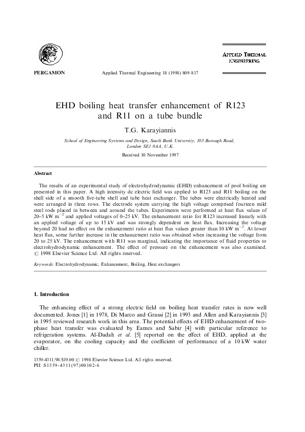 (PDF) EHD boiling heat transfer enhancement of R123 and R11 on a tube ...