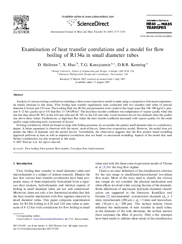 (PDF) Examination of heat transfer correlations and a model for flow boiling of R134a in small ...