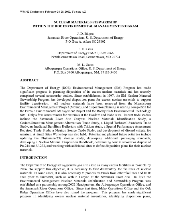 (PDF) Nuclear Materials Stewardship Within the Doe Environmental ...