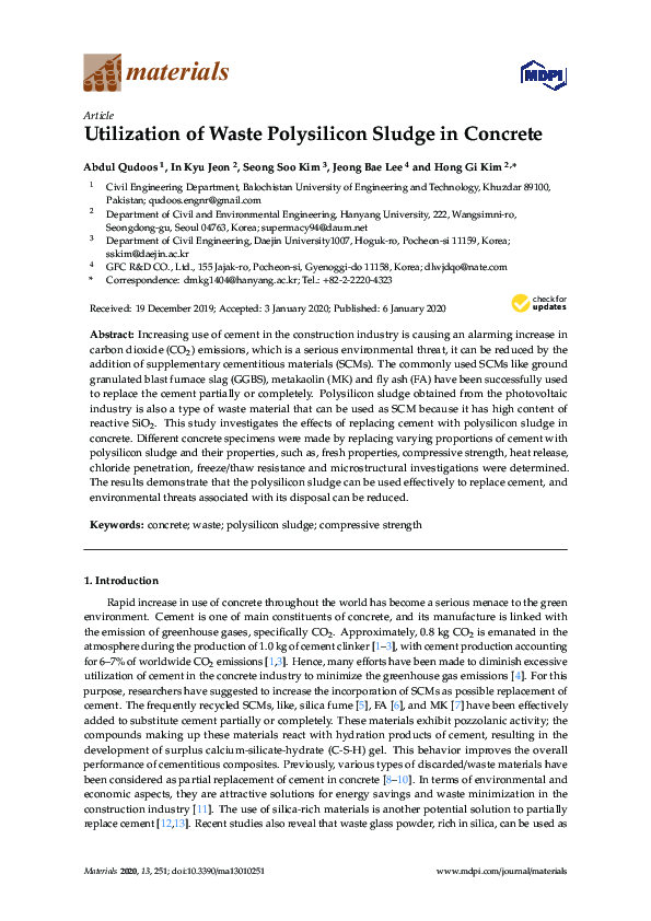 (PDF) Utilization of Waste Polysilicon Sludge in Concrete