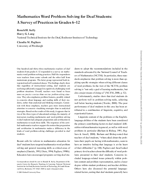 (PDF) Mathematics Word Problem Solving for Deaf Students: A Survey of Practices in Grades 6-12