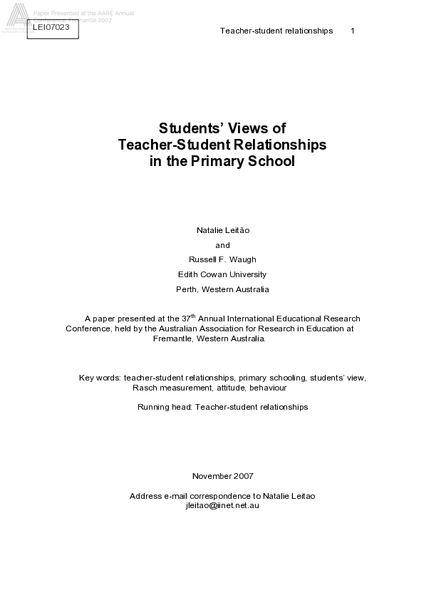 (PDF) Students' Views of Teacher-Student Relationships in the Primary ...