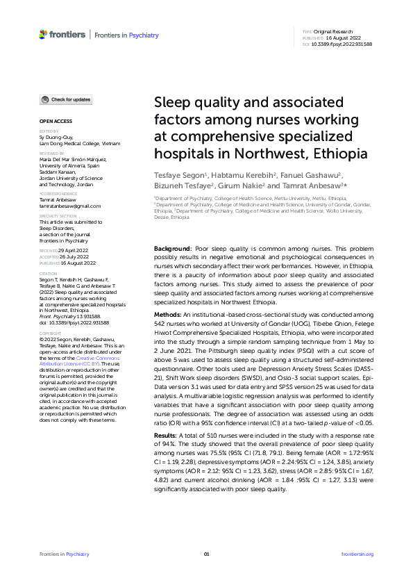 (PDF) Sleep quality and associated factors among nurses working at ...