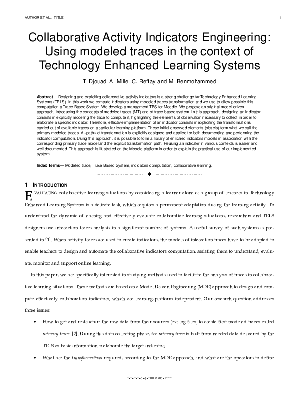 Pdf Collaborative Activity Indicators Engineering Using Modeled Traces In The Context Of