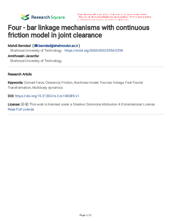 (PDF) Four - bar linkage mechanisms with continuous friction model in joint clearance