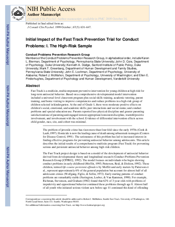(PDF) Initial Impact of the Fast Track Prevention Trial for Conduct ...