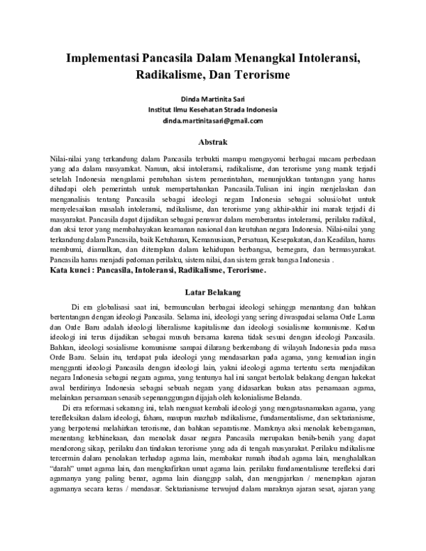 (DOC) Implementasi Pancasila Dalam Menangkal Intoleransi, Radikalisme, Dan Terorisme