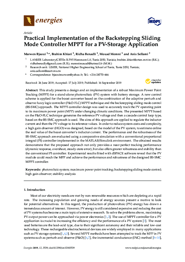 (PDF) Practical Implementation of the Backstepping Sliding Mode Controller MPPT for a PV-Storage ...