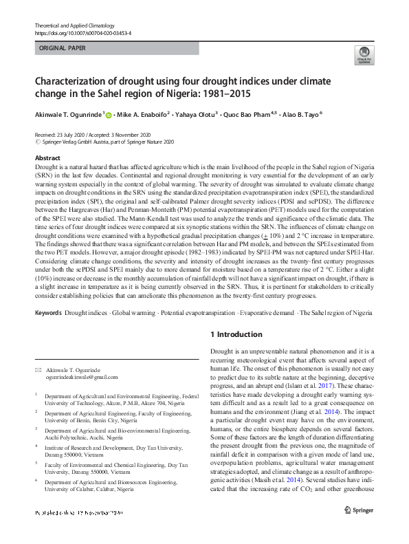 (PDF) Characterization of drought using four drought indices under ...
