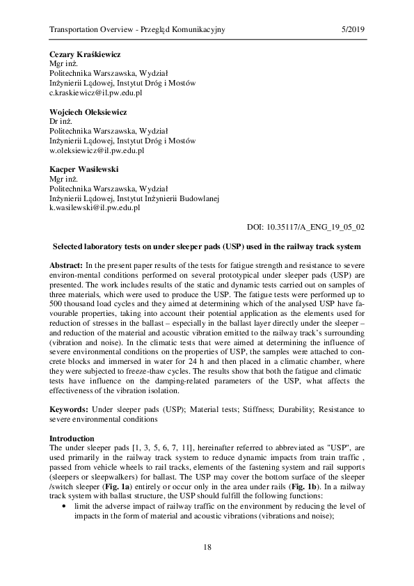 (PDF) Selected laboratory tests on under sleeper pads (USP) used in the ...