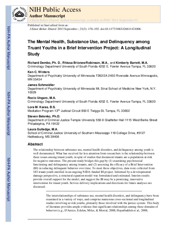 (PDF) Mental Health, Substance Use, and Delinquency Among Truant Youth in a Brief Intervention ...