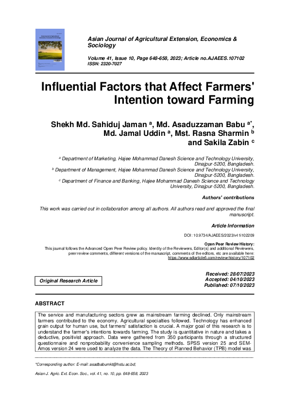 (PDF) Influential Factors that Affect Farmers' Intention toward Farming