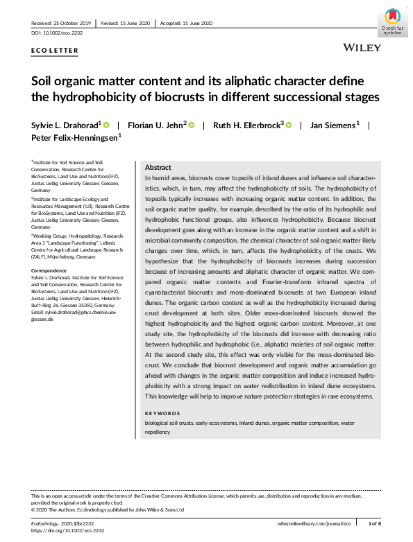 (PDF) Soil organic matter content and its aliphatic character define the hydrophobicity of ...