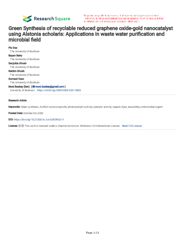(PDF) Green Synthesis of recyclable reduced graphene oxide-gold nanocatalyst using Alstonia ...