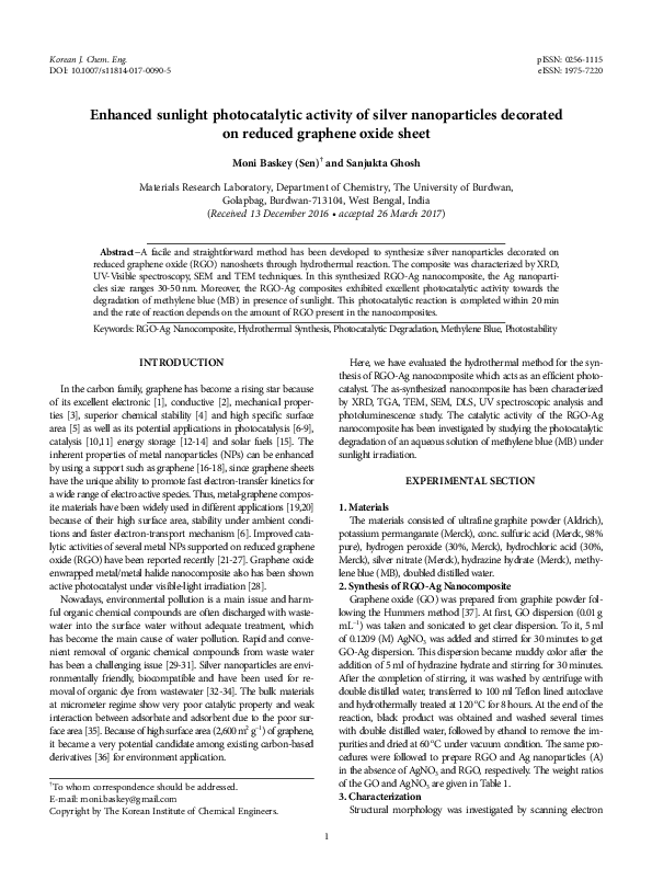 (PDF) Enhanced sunlight photocatalytic activity of silver nanoparticles decorated on reduced ...