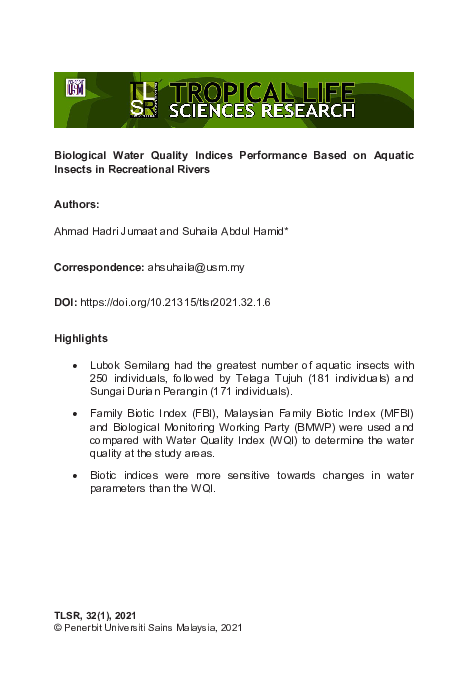 (PDF) Biological Water Quality Indices Performance Based on Aquatic Insects in Recreational Rivers