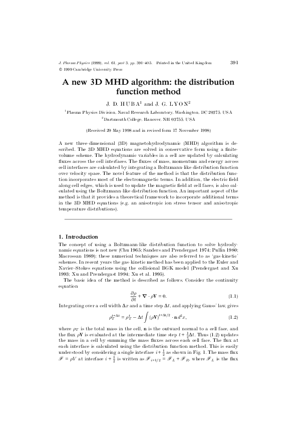 (PDF) A new 3D MHD algorithm: the distribution function method