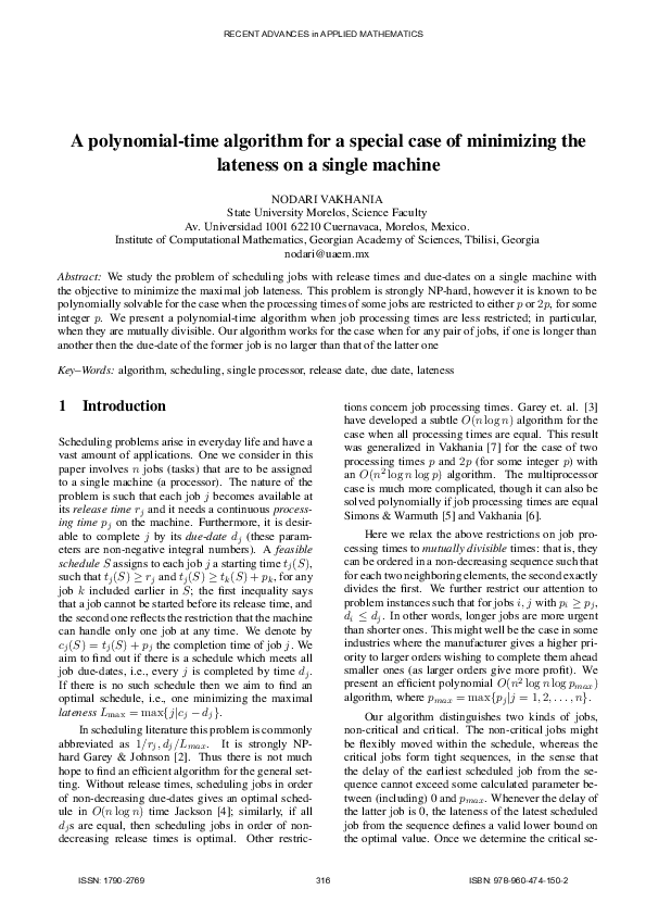 Pdf A Polynomial Time Algorithm For A Special Case Of Minimizing The Lateness On A Single Machine
