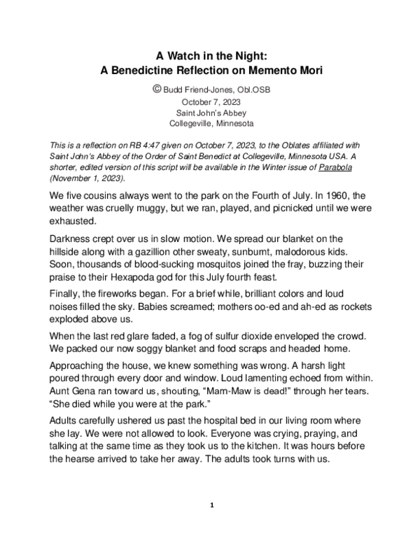 (PDF) A Watch in the Night: A Benedictine Reflection on Memento Mori