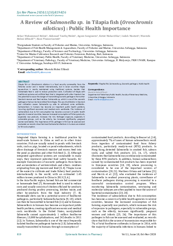 (PDF) A Review of Salmonella sp. In Tilapia fish (Oreochromis niloticus ...