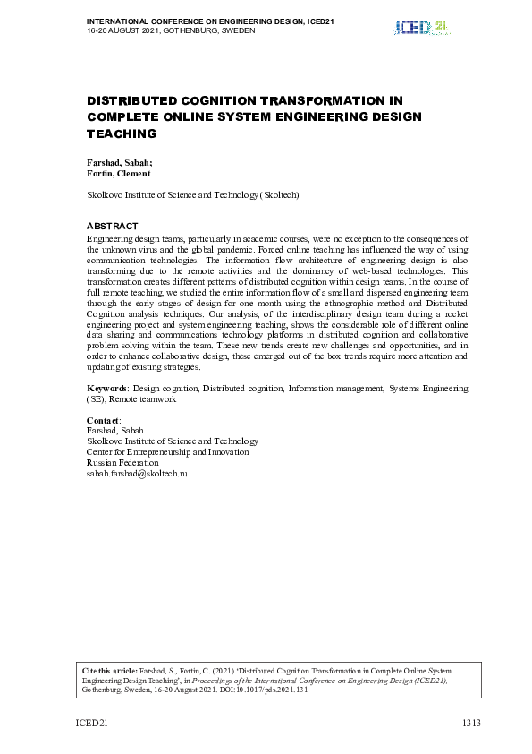 (PDF) Distributed Cognition Transformation in Complete Online System Engineering Design Teaching