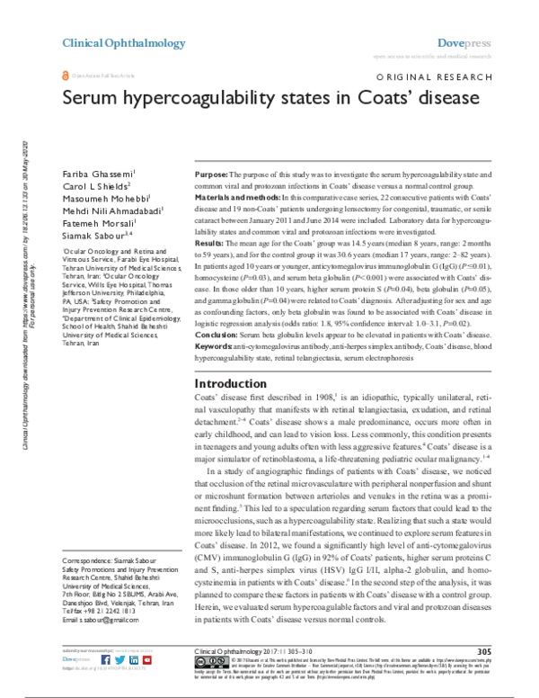 (PDF) Serum hypercoagulability states in Coats’ disease | Fariba ...