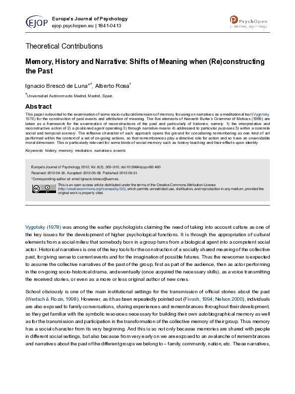 (PDF) Memory, History and Narrative: Shifts of Meaning when (Re ...