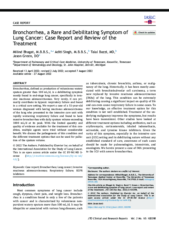 (PDF) Bronchorrhea, a Rare and Debilitating Symptom of Lung Cancer ...