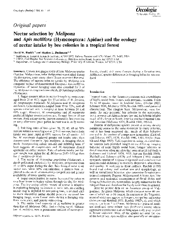 (PDF) Nectar selection by Melipona and Apis mellifera (Hymenoptera ...