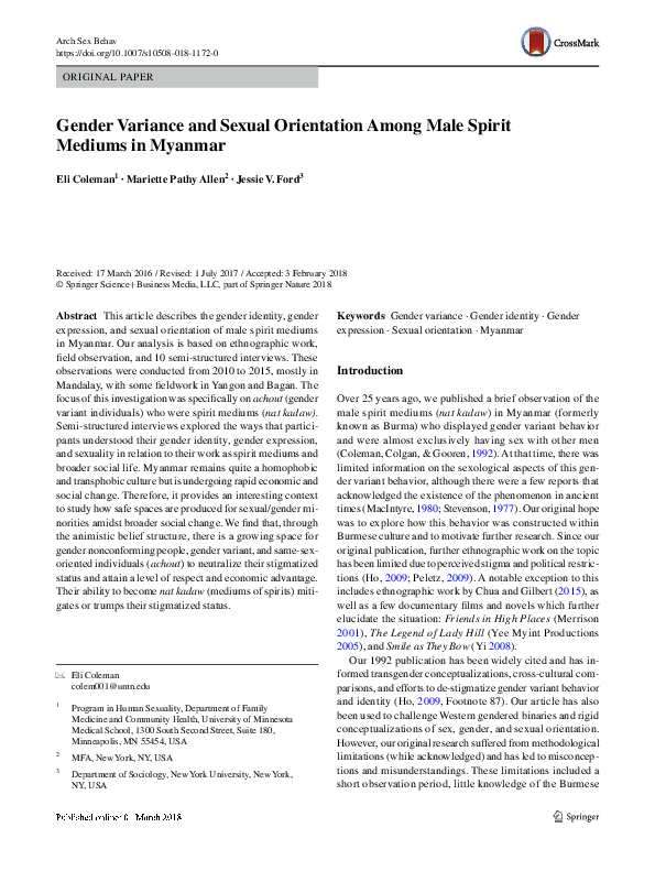 (PDF) Gender Variance and Sexual Orientation Among Male Spirit Mediums ...