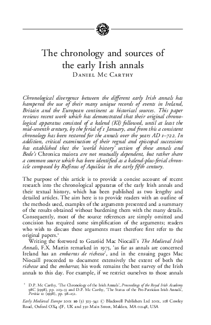 (PDF) The chronology and sources of the early Irish annals