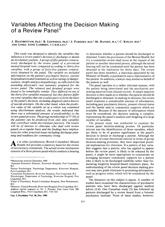 (PDF) Variables Affecting the Decision Making of a Review Panel