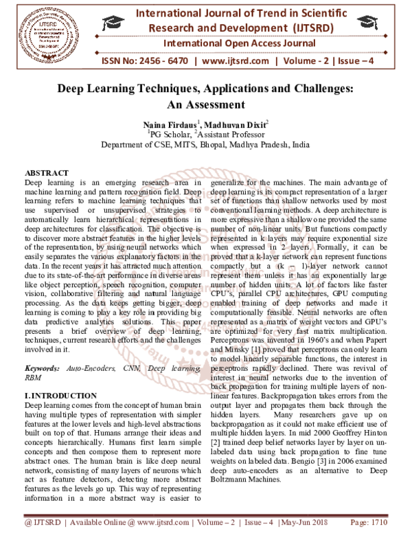 Pdf Deep Learning Techniques Applications And Challenges An Assessment